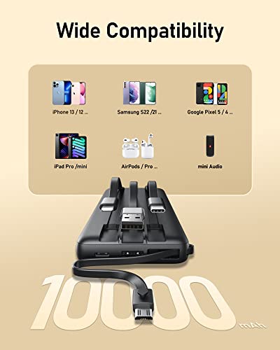 VEEKTOMX Portable Charger with Built in Cables, 10000mAh Ultra Slim Power Bank with 5 Outputs and LED Display, External Battery Compatible with iPhone/iPad/Samsung and Other Smart Devices for Travel