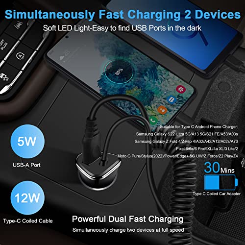 Fast Car Charger Pixel 7 Type C Car Plug Android USB C Cigarette Lighter Car Adapter Fast Charging C Coiled Cable for Samsung Galaxy A14 5G/S23/A54/A34/A23/Z Fold 4/A13/S21 FE/A53/A03s,Pixel 7 Pro/6a