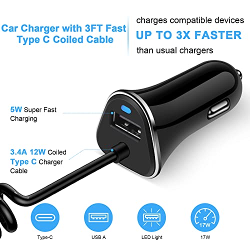 Fast Car Charger Pixel 7 Type C Car Plug Android USB C Cigarette Lighter Car Adapter Fast Charging C Coiled Cable for Samsung Galaxy A14 5G/S23/A54/A34/A23/Z Fold 4/A13/S21 FE/A53/A03s,Pixel 7 Pro/6a