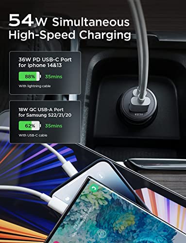 USB C Car Charger 54W iPhone Car Charger Adapter [Mini&Metal] AINOPE USB Car Charger Fast Charge PD36W&QC3.0 Car Phone Charger Fast Charging for iPhone 14 Pro Max Plus 13 12 Samsung S23/22/21 Pixel