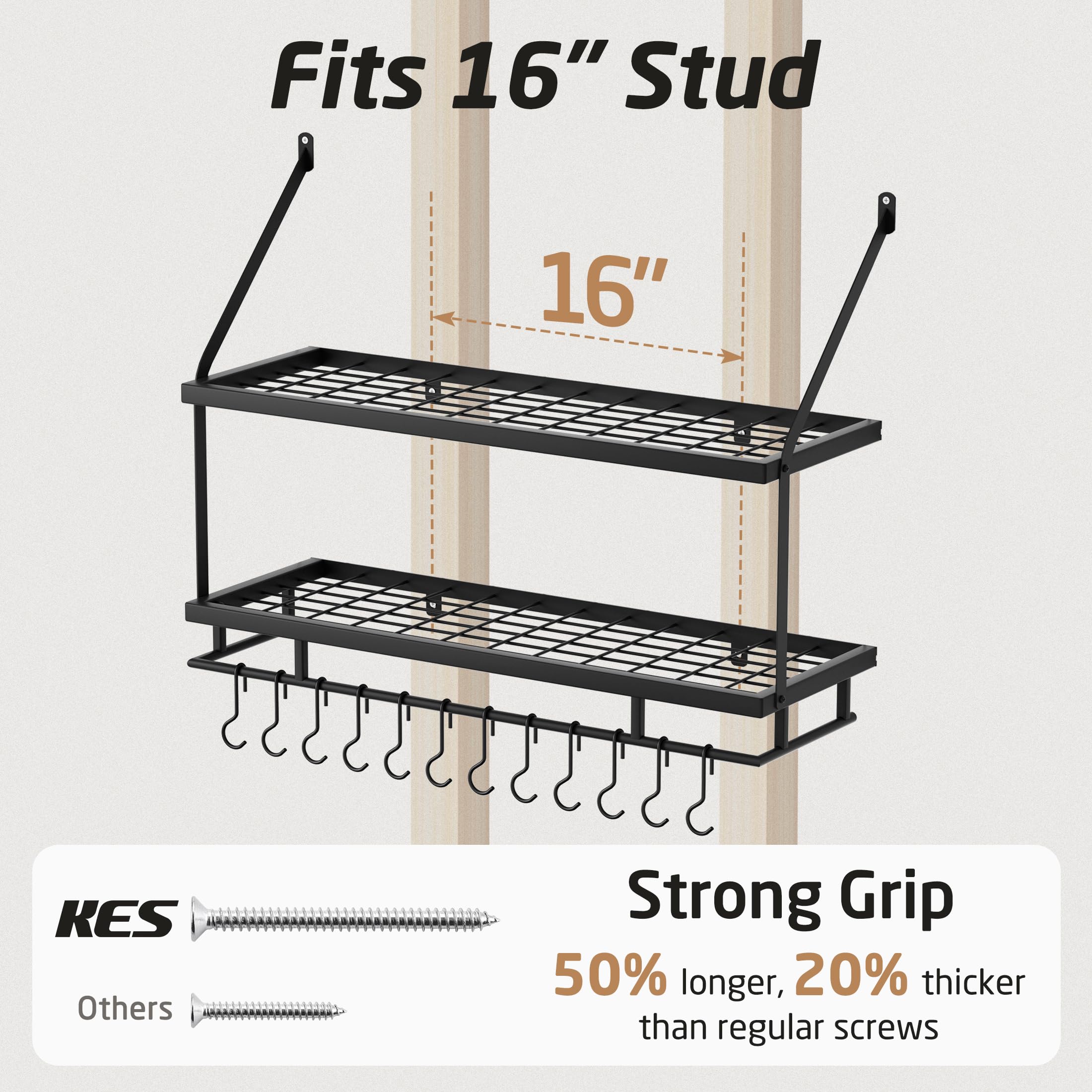 KES 30-Inch Kitchen Pot Rack - Mounted Hanging Rack for Kitchen Storage and Organization- Matte Black 2-Tier Wall Shelf for Pots and Pans with 12 Hooks - KUR215S75B-BK