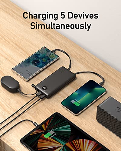 VEEKTOMX Portable Charger with Built in Cables, 10000mAh Ultra Slim Power Bank with 5 Outputs and LED Display, External Battery Compatible with iPhone/iPad/Samsung and Other Smart Devices for Travel