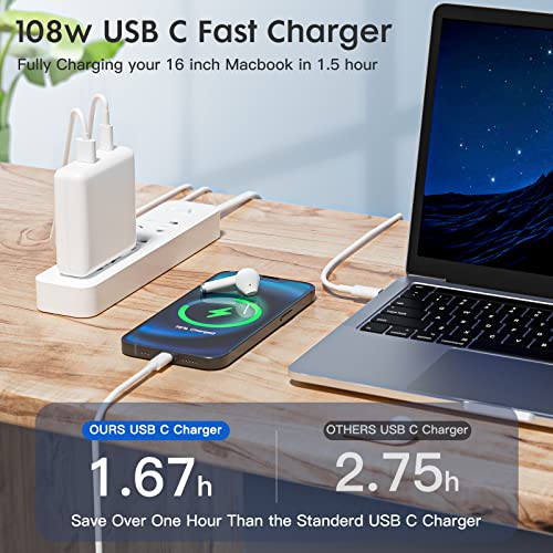 2 Port 108W 12W QC 96W USB C Charger for MacBook Air/MacBook Pro,Compatible with iPad Pro,Charger with 2M USB C to C Charging Cable