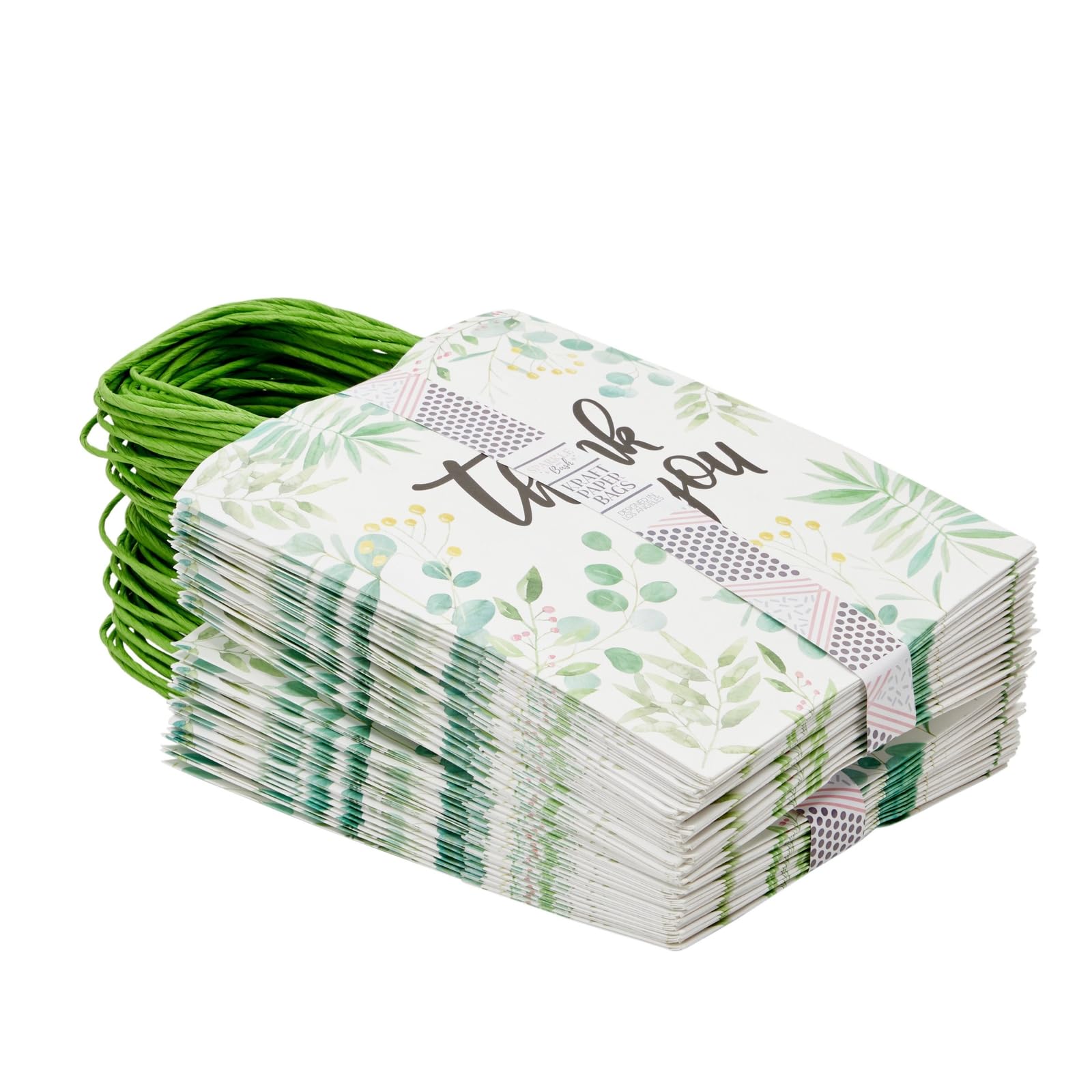 Sparkle and Bash Thank You Gift Bags with Handles for Small Business, Boutique, Party Favors (White, Green, 10 x 8 x 4 In, 50 Pack)