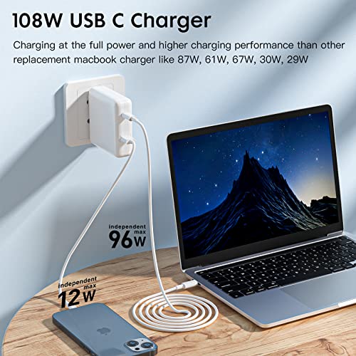 2 Port 108W 12W QC 96W USB C Charger for MacBook Air/MacBook Pro,Compatible with iPad Pro,Charger with 2M USB C to C Charging Cable