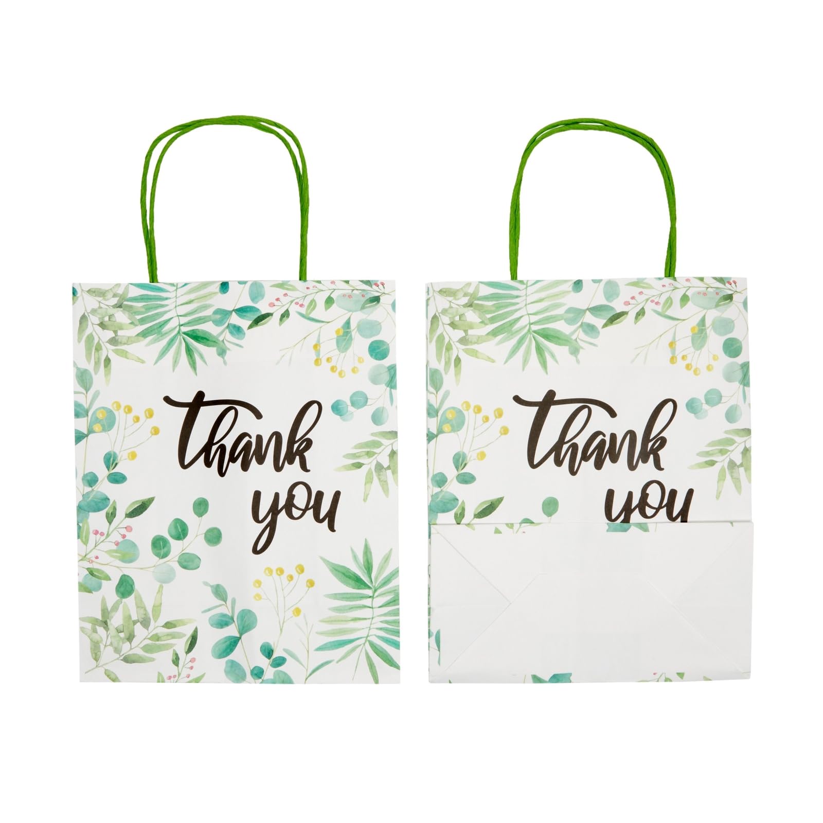 Sparkle and Bash Thank You Gift Bags with Handles for Small Business, Boutique, Party Favors (White, Green, 10 x 8 x 4 In, 50 Pack)