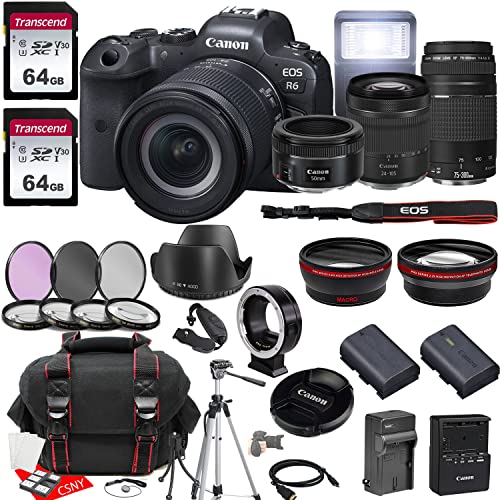 Canon EOS R6 Mirrorless Camera w/RF 24-105mm f/4-7.1 is STM Lens + EF 75-300mm f/4-5.6 III Lens + EF 50mm f/1.8 STM Lens + 2X 64GB Memory + Hood + Case + Filters + Tripod & More (35pc Bundle)