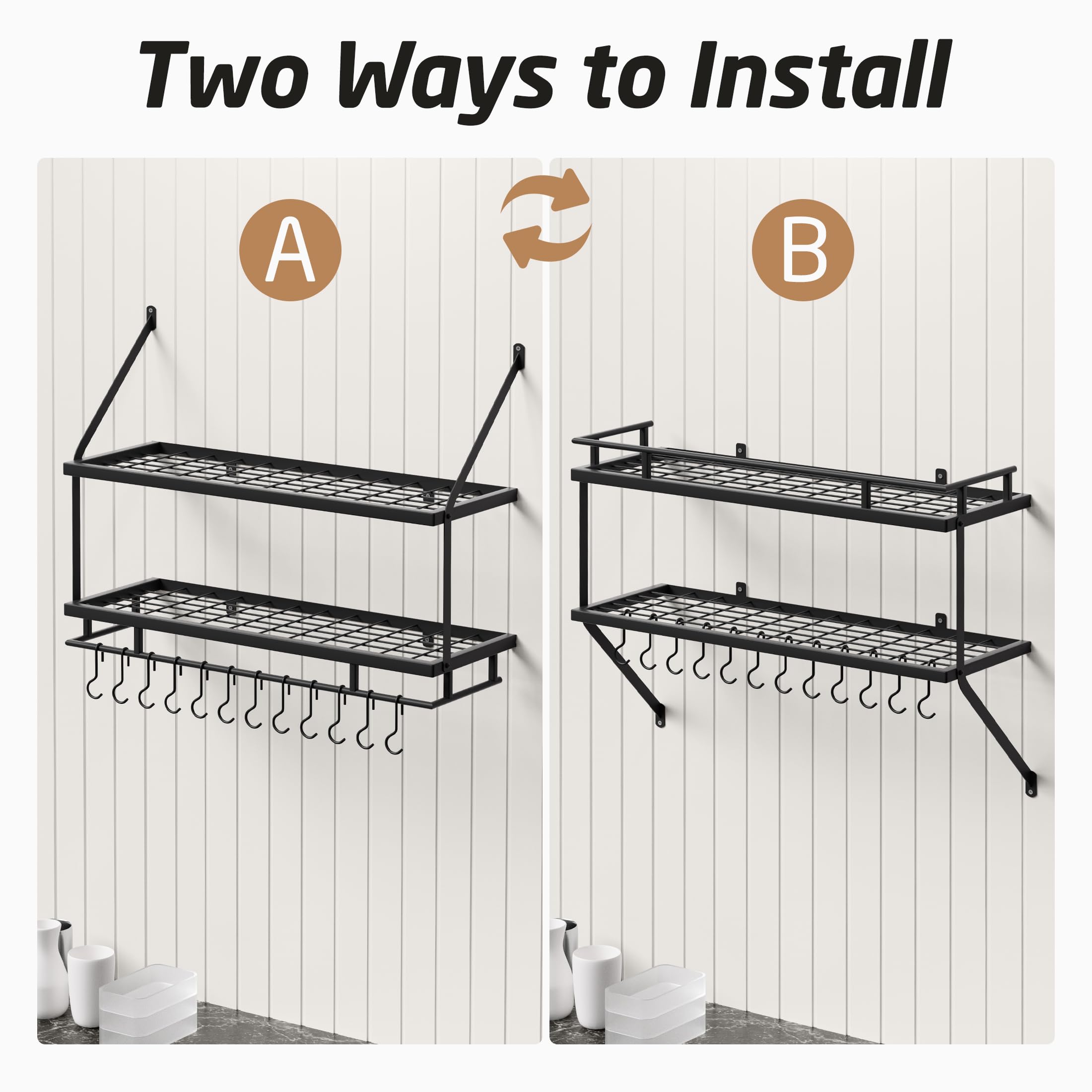 KES 30-Inch Kitchen Pot Rack - Mounted Hanging Rack for Kitchen Storage and Organization- Matte Black 2-Tier Wall Shelf for Pots and Pans with 12 Hooks - KUR215S75B-BK