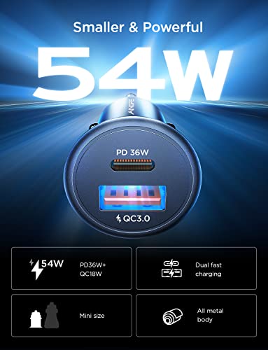USB C Car Charger 54W iPhone Car Charger Adapter [Mini&Metal] AINOPE USB Car Charger Fast Charge PD36W&QC3.0 Car Phone Charger Fast Charging for iPhone 14 Pro Max Plus 13 12 Samsung S23/22/21 Pixel