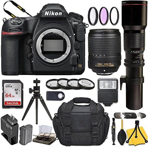 Nikon Intl. Nikon D850 DSLR Camera with AF-S DX NIKKOR 18-140mm f/3.5-5.6G ED VR + 500mm Preset Lens and Basic Travel Kit (Renewed)