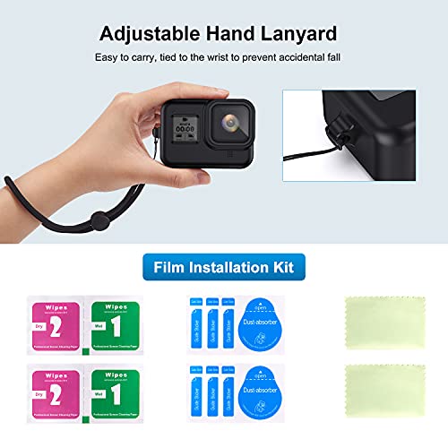 Accessories Kit for GoPro Hero 8 Black, Silicone Rubber Protective Case with Stretchable Lanyard + 6Pcs Ultra Clear Tempered Glass Screen Protector for Go Pro 8