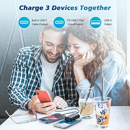 Small Portable Charger 10800mAh with Built-in USB-C Cable, Mini PD 3A Fast Phone Charging Power Bank,LCD Display Android Charger Battery Pack Compatible with Samsung Galaxy S22/S21,Note,Moto,LG