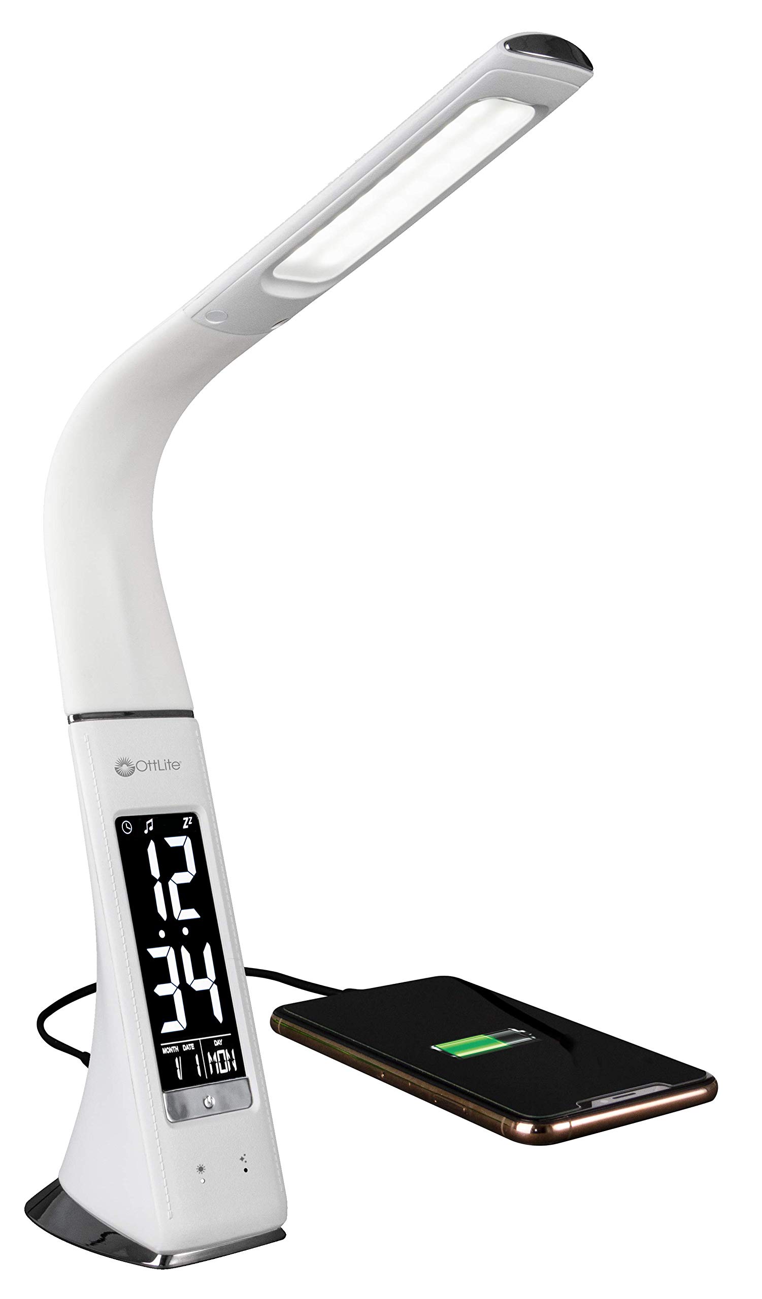 OttLite Thrive LED Sanitizing Desk Lamp with Clock and USB Charging - Eliminates up to 99.9% of Bacteria, Touch Activated, Flexible Neck, Modern Light for Reading, Crafting & Office Desktop