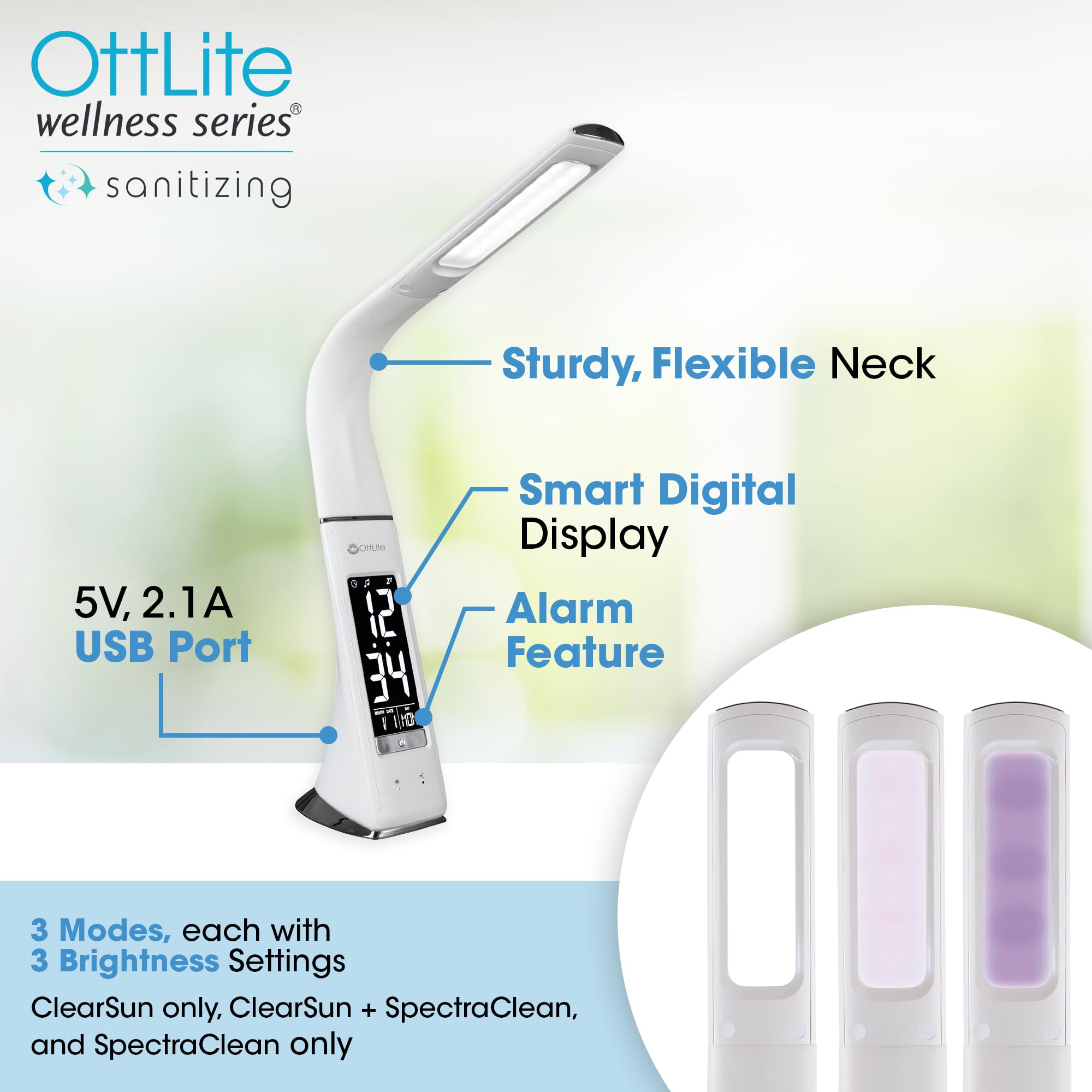 OttLite Thrive LED Sanitizing Desk Lamp with Clock and USB Charging - Eliminates up to 99.9% of Bacteria, Touch Activated, Flexible Neck, Modern Light for Reading, Crafting & Office Desktop