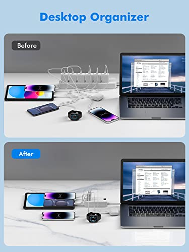 USB Charger, Flymic 30W 6 Port USB Charger Station for Multiple Devices USB Power Strip USB C Charger Block USB Charging Hub for iPhone 14/13 Pro Max/13 Pro/13, iPad Pro, Switch, Galaxy S21 (White)