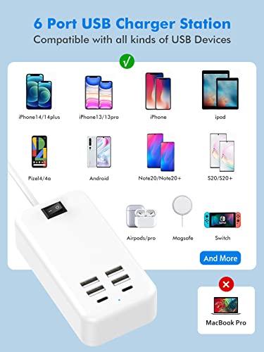 USB Charger, Flymic 30W 6 Port USB Charger Station for Multiple Devices USB Power Strip USB C Charger Block USB Charging Hub for iPhone 14/13 Pro Max/13 Pro/13, iPad Pro, Switch, Galaxy S21 (White)