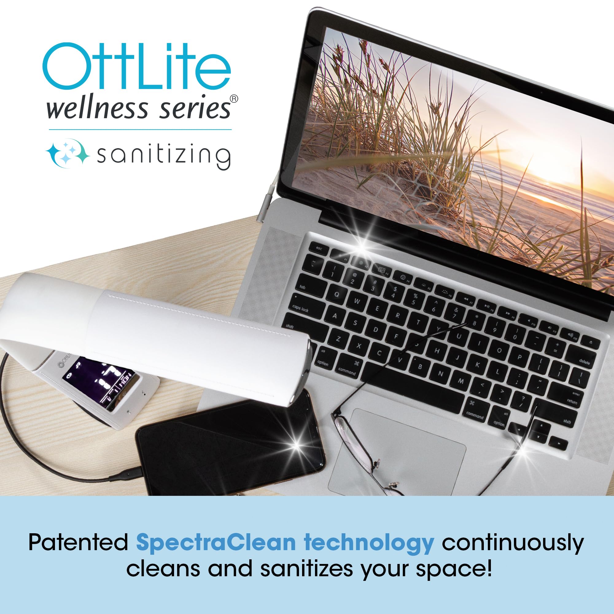 OttLite Thrive LED Sanitizing Desk Lamp with Clock and USB Charging - Eliminates up to 99.9% of Bacteria, Touch Activated, Flexible Neck, Modern Light for Reading, Crafting & Office Desktop