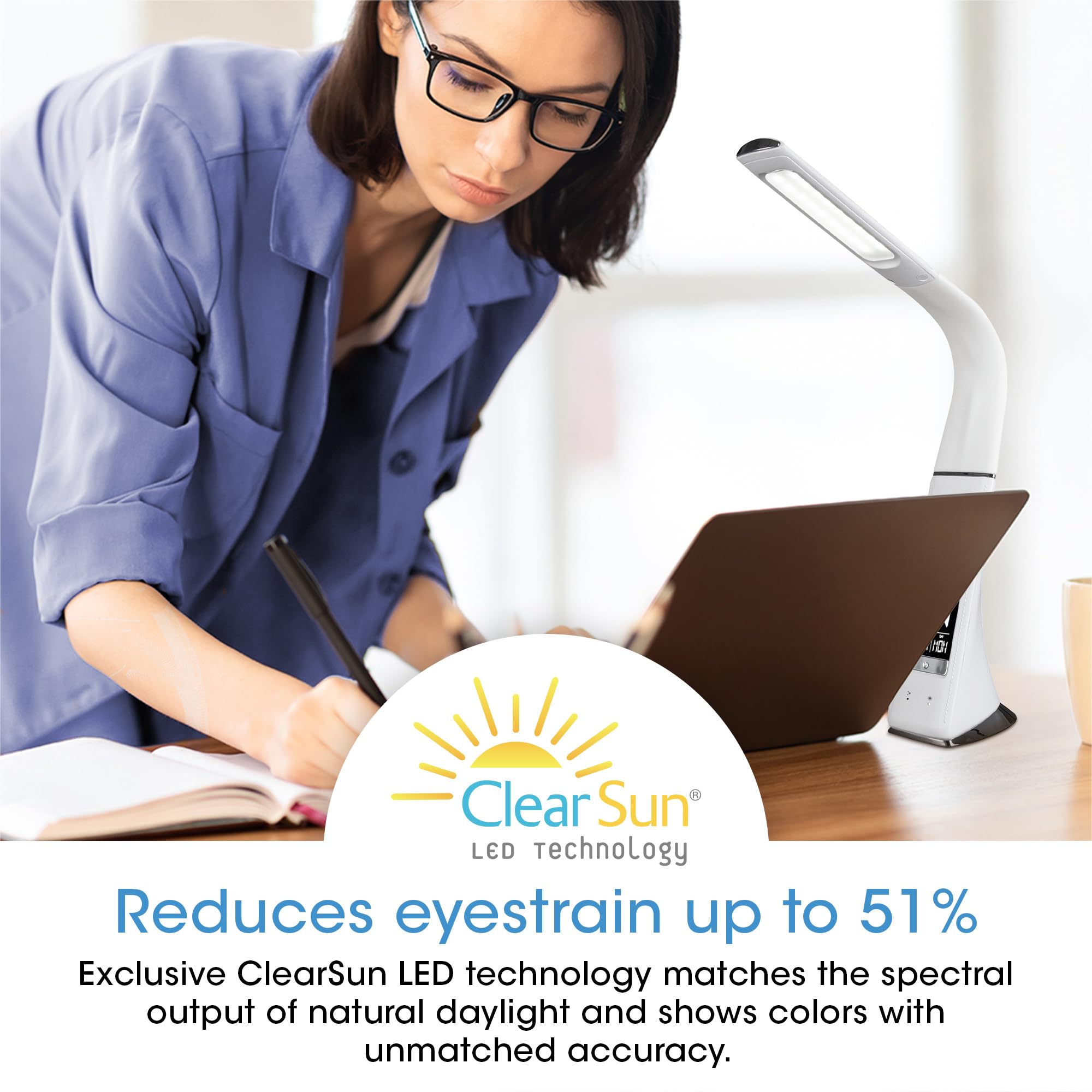 OttLite Thrive LED Sanitizing Desk Lamp with Clock and USB Charging - Eliminates up to 99.9% of Bacteria, Touch Activated, Flexible Neck, Modern Light for Reading, Crafting & Office Desktop