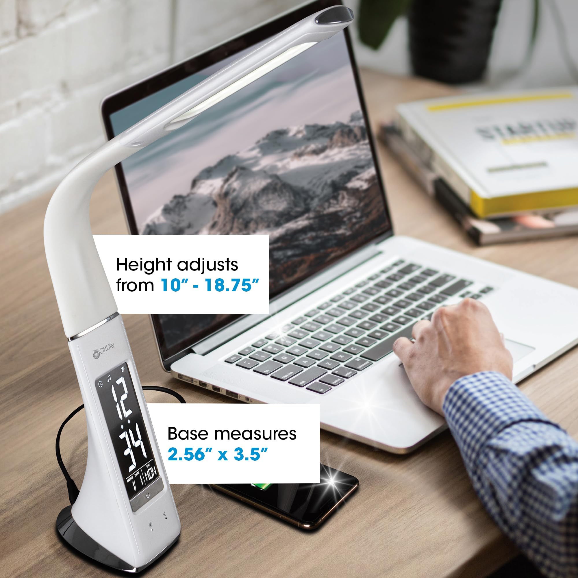 OttLite Thrive LED Sanitizing Desk Lamp with Clock and USB Charging - Eliminates up to 99.9% of Bacteria, Touch Activated, Flexible Neck, Modern Light for Reading, Crafting & Office Desktop