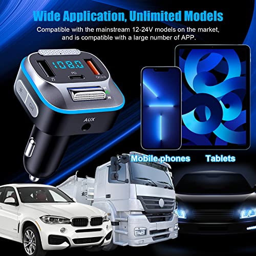AVNICUD Bluetooth FM Transmitter, 2023 Stronger Hi-Fi Bass Sound Wireless Car Radio Adapter with 7 Colors LED, Hands Free Calls, 30W PD&QC3.0 Fast Charging AUX and U Disk Bluetooth Car Adapter