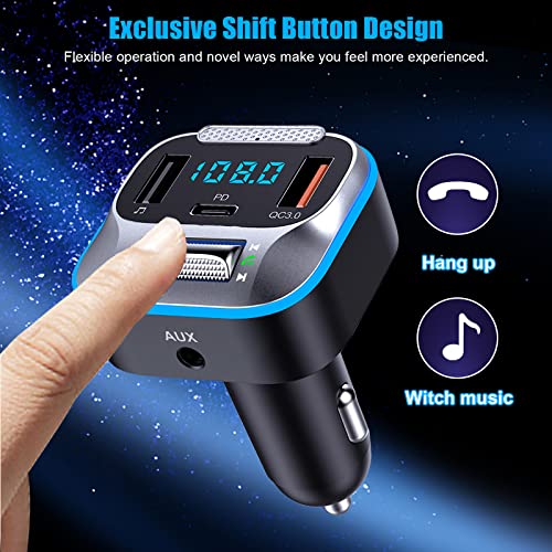 AVNICUD Bluetooth FM Transmitter, 2023 Stronger Hi-Fi Bass Sound Wireless Car Radio Adapter with 7 Colors LED, Hands Free Calls, 30W PD&QC3.0 Fast Charging AUX and U Disk Bluetooth Car Adapter