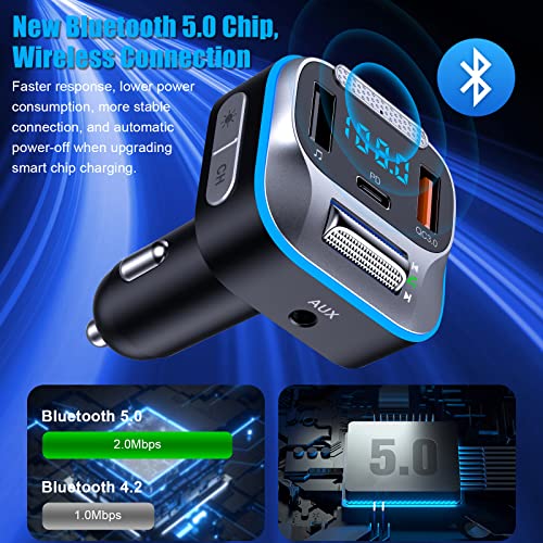 AVNICUD Bluetooth FM Transmitter, 2023 Stronger Hi-Fi Bass Sound Wireless Car Radio Adapter with 7 Colors LED, Hands Free Calls, 30W PD&QC3.0 Fast Charging AUX and U Disk Bluetooth Car Adapter