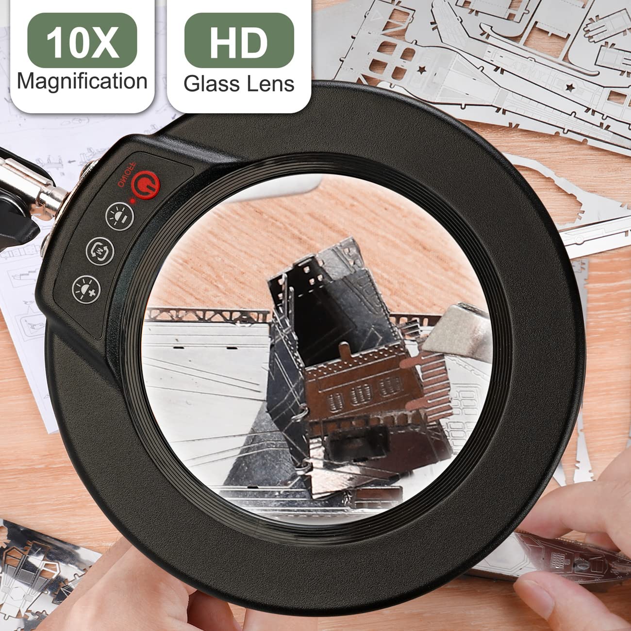 Krstlv 5X Magnifying Glass with Light and Clamp, Upgrade Button 5 Color Modes, Stepless Dimmable LED Lighted Desk Lamp, Hands Free Magnifier with Light and Stand for Craft Hobby Reading Close Work