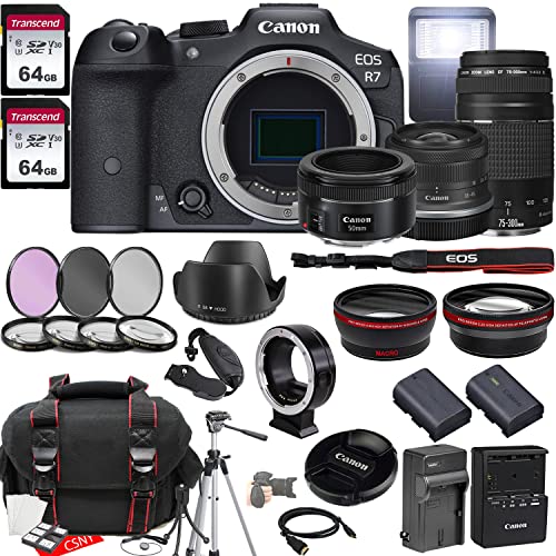 Canon EOS R7 Mirrorless Camera w/RF-S 18-45mm f/4.5-6.3 is STM Lens + EF 75-300mm f/4-5.6 III Lens + EF 50mm f/1.8 STM Lens + 2X 64GB Memory + Hood + Case + Filters + Tripod & More (35pc Bundle)