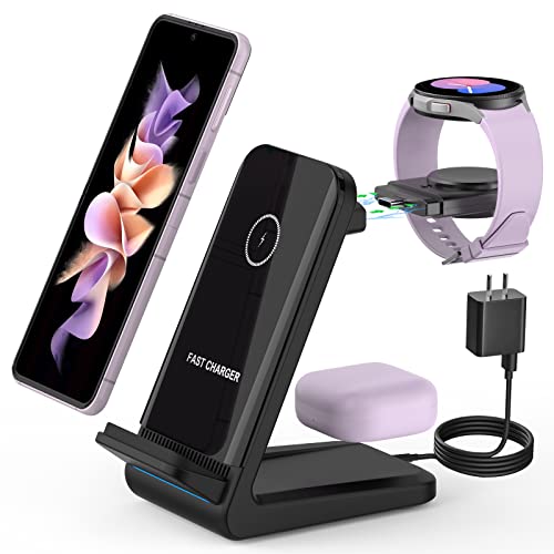 Wireless Charging Station for Samsung, Fast Wireless Charger for Samsung S23 Ultra Plus S22 Z Flip 4 Fold 4 3 in 1 Galaxy Watch Charger for Samsung Watch 5 Pro 4 Active 2, Galaxy Buds with 18W Adapter