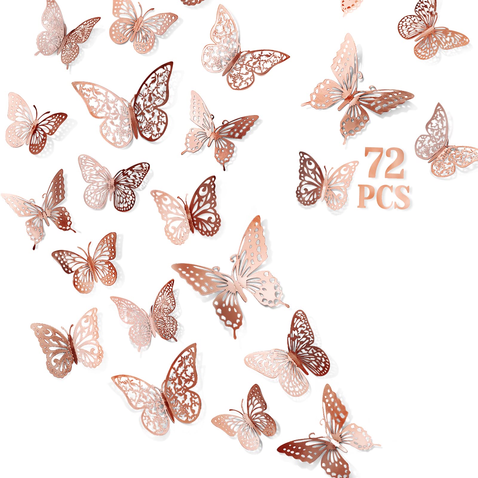 72 Pcs Rose Gold Butterfly Wall Decor, Butterfly Decorations, 3 Sizes 6 Styles, 3D Butterfly Party Decorations/Birthday Decorations/Cake Decorations, mariposas decorativas para Fiesta Room Decor