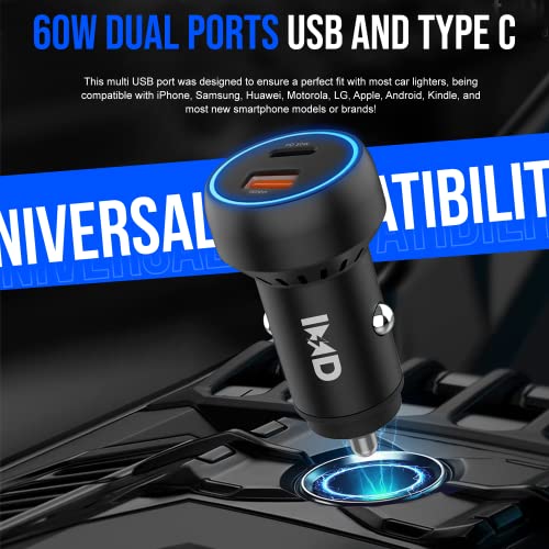 USB Type-C Car and USB Charger Car Accessories β 60W Dual Ports Type-C Cell Phone and USB Charger β Lighter USB Charger Compatible with iPhone, Samsung, Tablet β Fast Charge and Reliable Connection