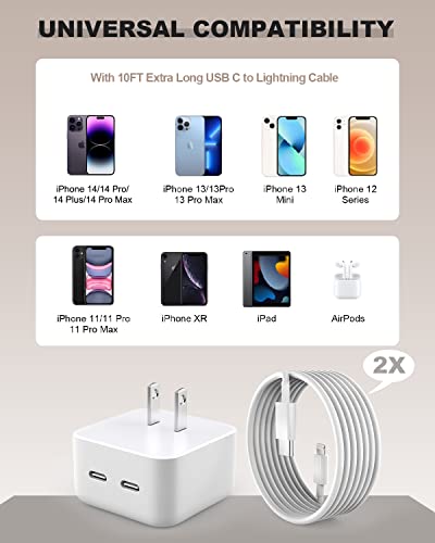 iPhone Fast Charger, 40W Dual USB-C Quick Wall Charger[MFi Certified] 2pack 10FT Extra Long Lightning Cable+Double Port Foldable USBC Apple Charger Fast Charging for iPhone 14/13/12/11/XR/XS/SE/iPad