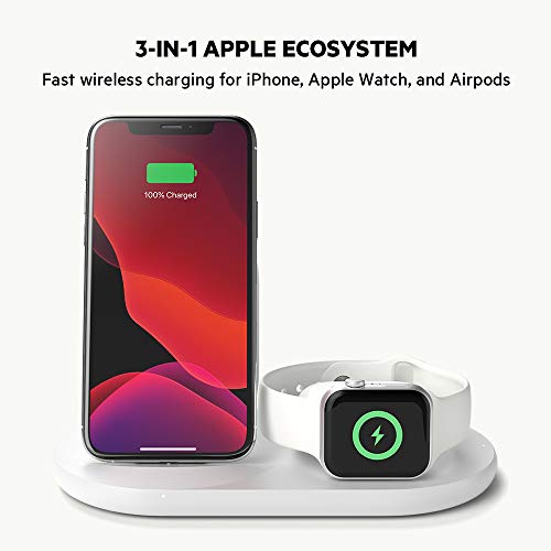 Belkin 3-in-1 Wireless Charger - Fast Wireless Charging Stand for Apple iPhone, Apple Watch & AirPods - iPhone Case Compatible Qi Charger - Wireless Charging Station For Multiple Devices - White