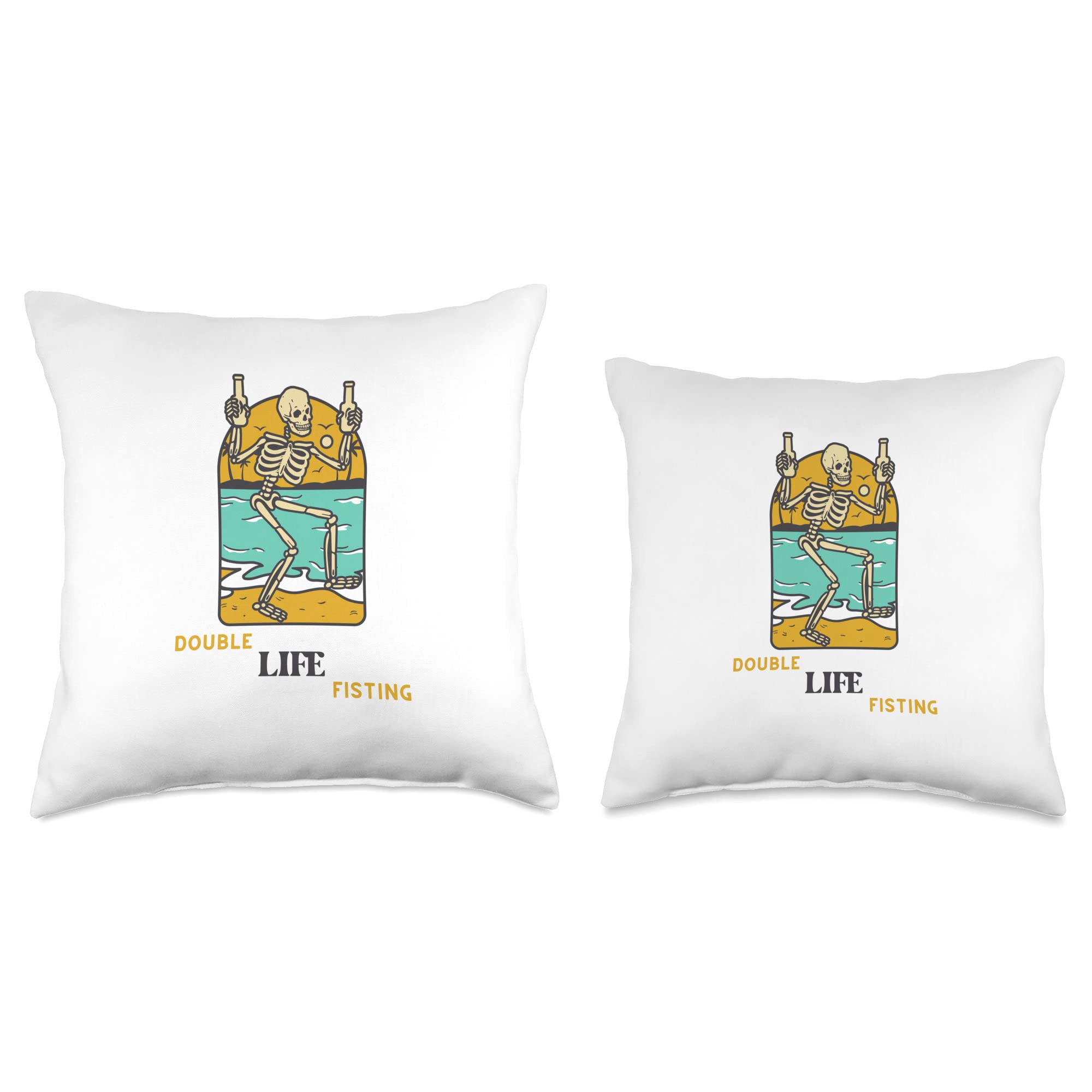 DCB Funny Double Fisting Life with Skeleton Alcohol Summer Fun Throw Pillow, 16x16, Multicolor