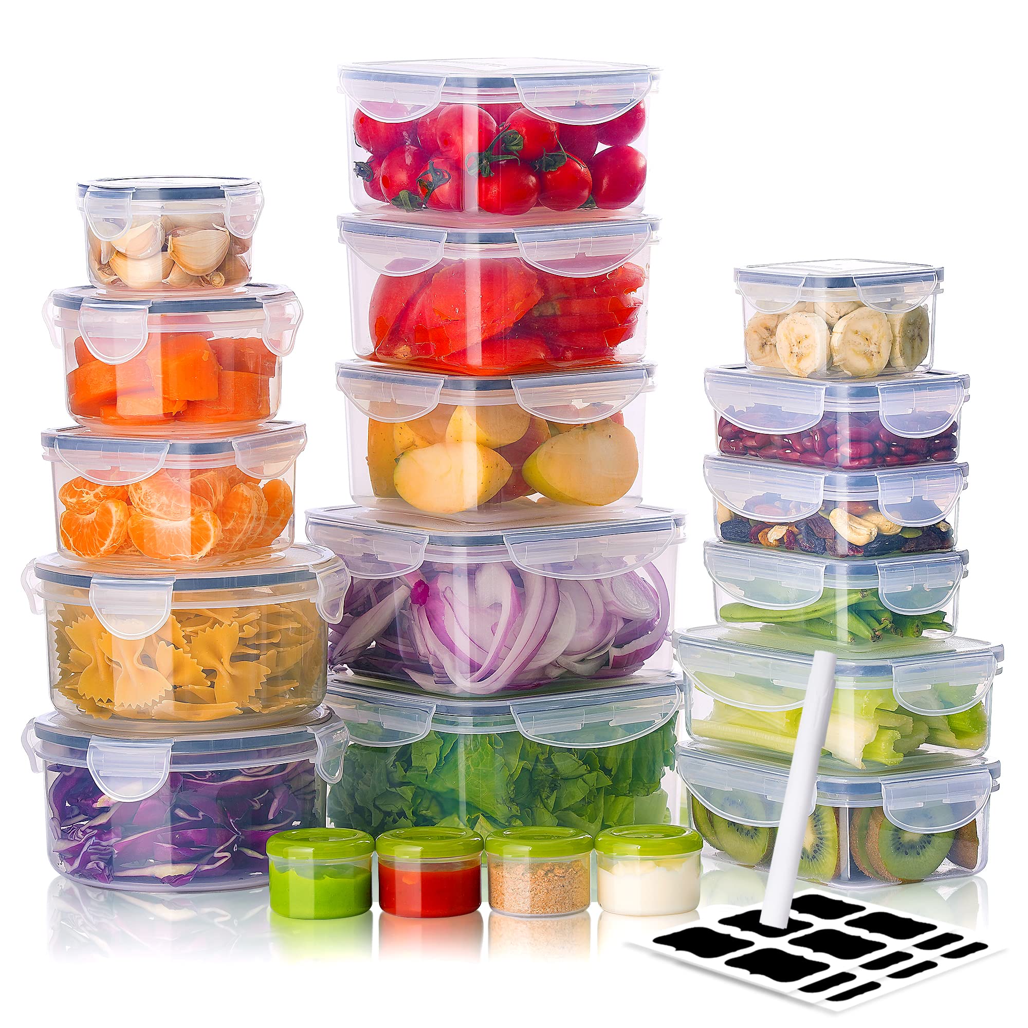 Large Plastic Food Storage Container with lid, CASA LINGO Meal Prep Airtight Containers for Kitchen and Fridge, Set of 20 Pieces Plastic Food Containers (Black)