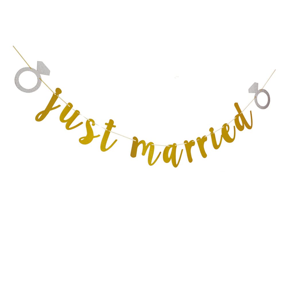 Just Married Banner, Gold Wedding Engagement Party Sign, Bridal Shower / Bachelorette Party Decorations Supplies Bunting Garlands
