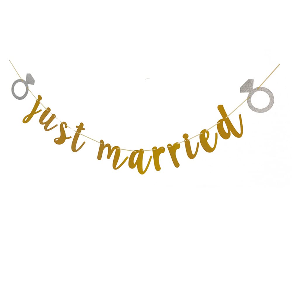 Just Married Banner, Gold Wedding Engagement Party Sign, Bridal Shower / Bachelorette Party Decorations Supplies Bunting Garlands