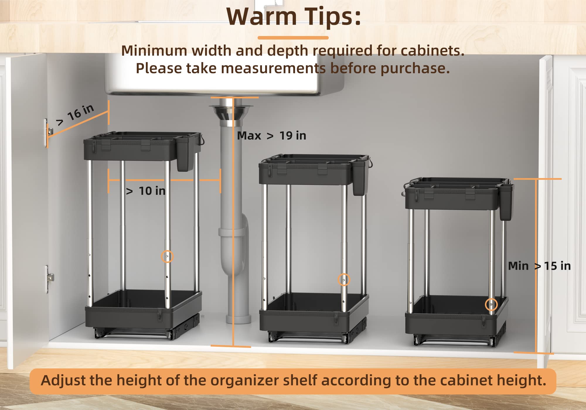 Pluspace 2 Pack Under Sink Organizer and Storage Pull Out Cabinet Organizer Bathroom Sink Organizer with Sliding Drawer Adjustable Height Kitchen Cabinet Organizer Multi-purpose Storage Shelf Black
