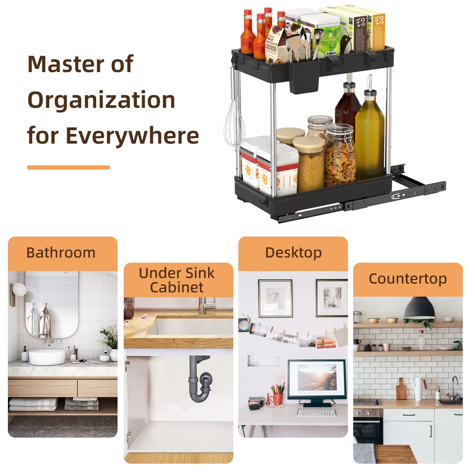 Pluspace 2 Pack Under Sink Organizer and Storage Pull Out Cabinet Organizer Bathroom Sink Organizer with Sliding Drawer Adjustable Height Kitchen Cabinet Organizer Multi-purpose Storage Shelf Black