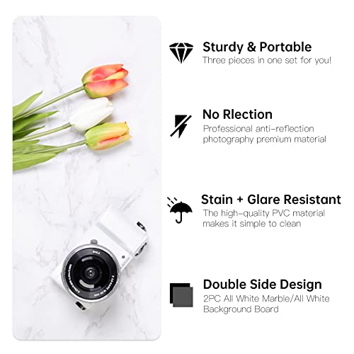 BEIYANG 2 Marble 24x24in Photography Backdrop Boards with 2 PCS Bracket for Flat Lay or Food Photography Background Marble and White Backdrop Photo Table Backdrop
