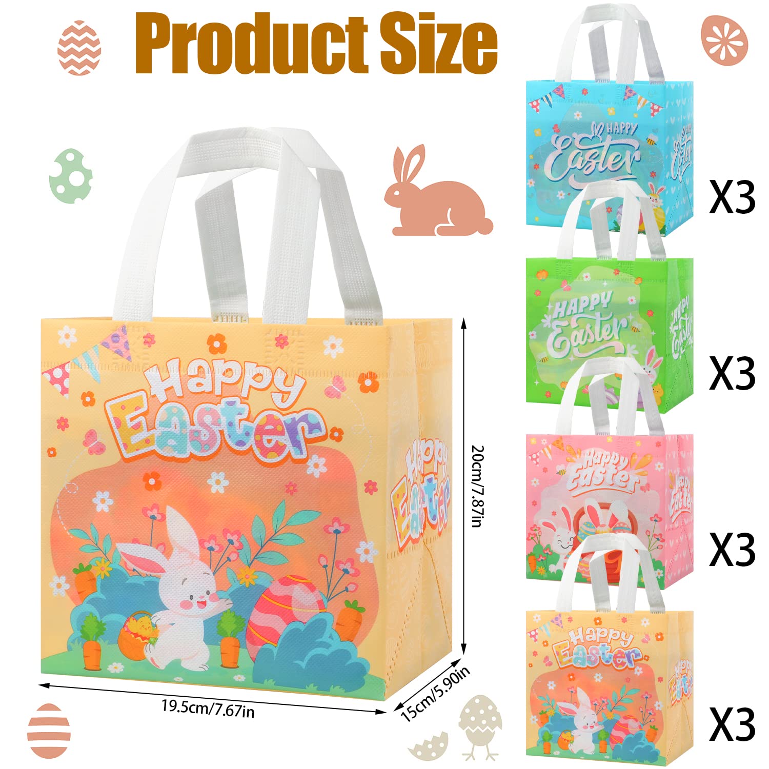 CCINEE 12Pcs Easter Gift Bags with Handle,Reusable Easter Tote Bags Non-Woven Bunny Treat Goodie Bag Easter Egg Hunt Bags for Easter Party Supply,7.9"×7.9"×5.9"