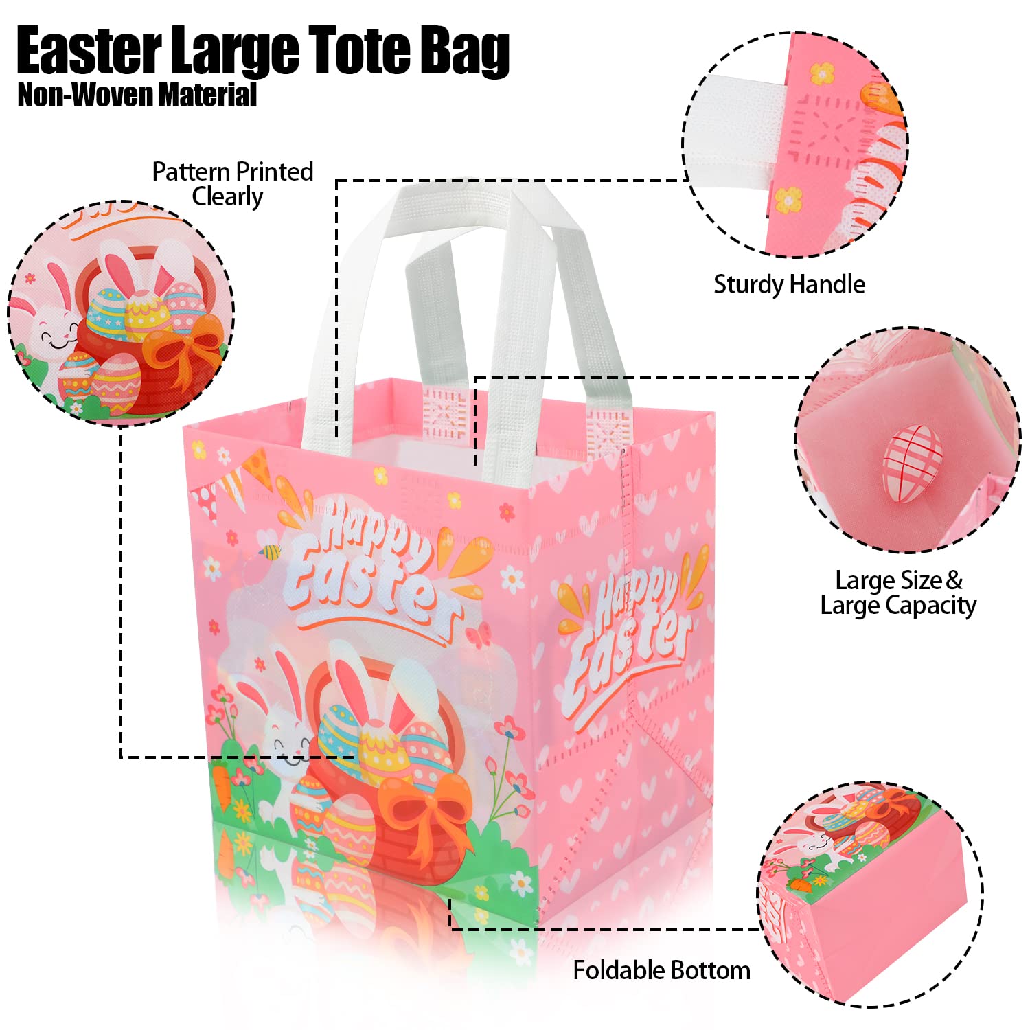 CCINEE 12Pcs Easter Gift Bags with Handle,Reusable Easter Tote Bags Non-Woven Bunny Treat Goodie Bag Easter Egg Hunt Bags for Easter Party Supply,7.9"×7.9"×5.9"