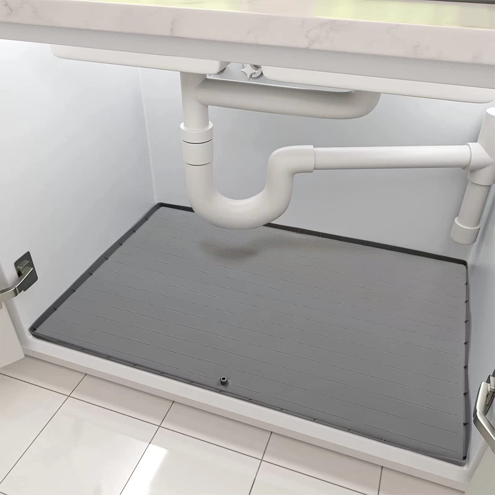Under Sink Mat Waterproof, 34''x22'' Silicone Under Sink Liner, Durable Cabinet Protector Mats With Drain Hole, Kitchen Bathroom Under Sink Liner Drip Tray for Water Drips, Leaks, Spills (Grey)