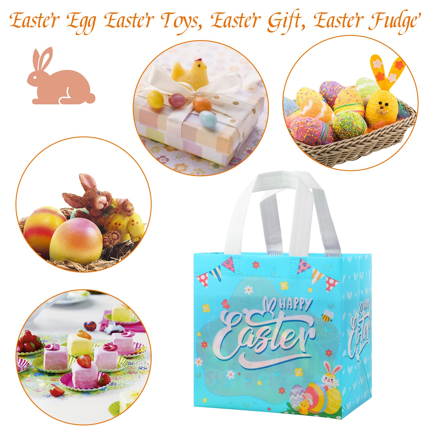 CCINEE 12Pcs Easter Gift Bags with Handle,Reusable Easter Tote Bags Non-Woven Bunny Treat Goodie Bag Easter Egg Hunt Bags for Easter Party Supply,7.9"×7.9"×5.9"