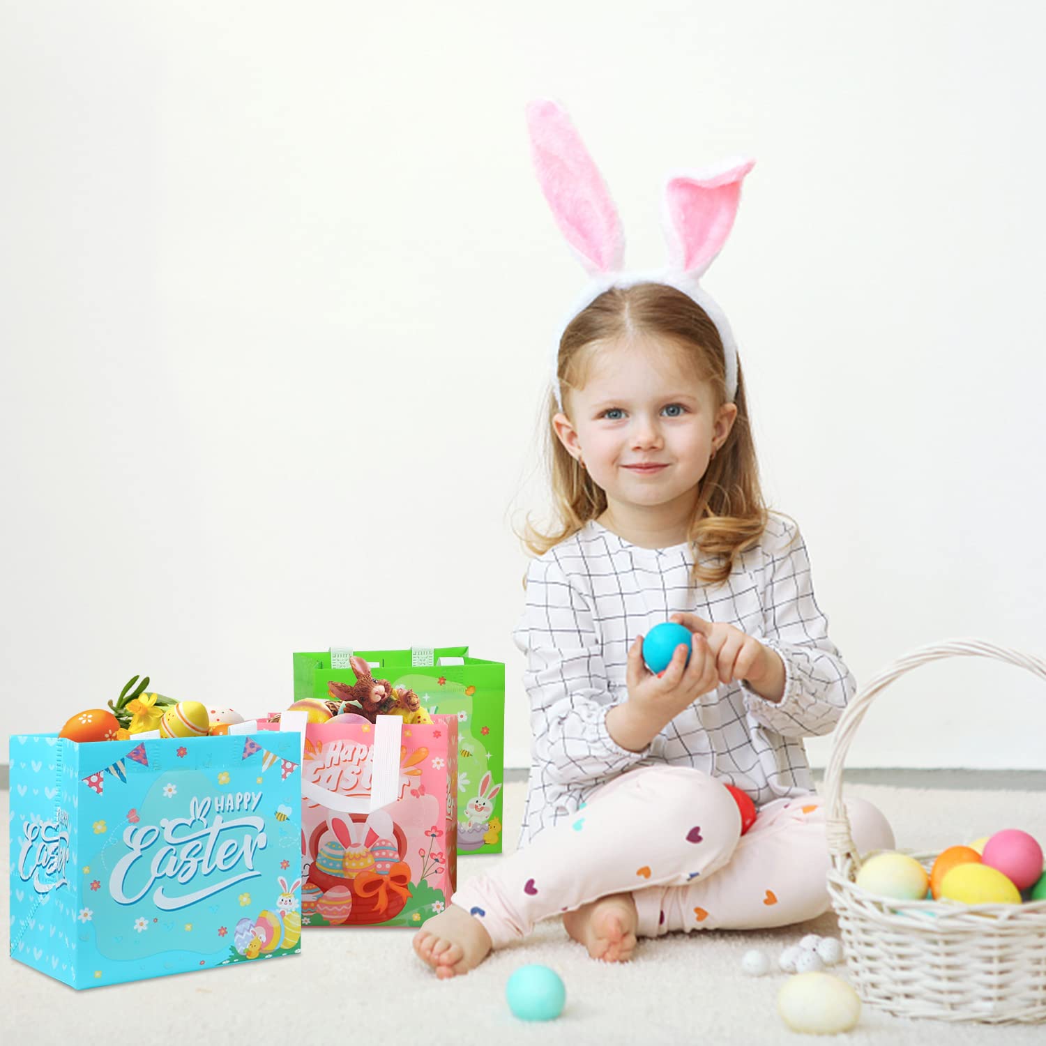 CCINEE 12Pcs Easter Gift Bags with Handle,Reusable Easter Tote Bags Non-Woven Bunny Treat Goodie Bag Easter Egg Hunt Bags for Easter Party Supply,7.9"×7.9"×5.9"