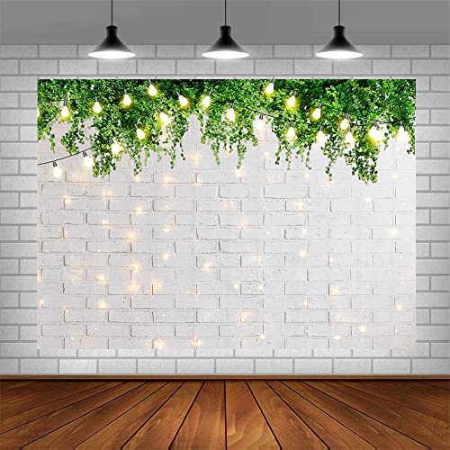 ABLIN 10x7ft Spring Theme White Brick Wall Backdrop for Photography Brick Wall Green Leaves Warm Light Photo Background for Kids Portrait Bridal Shower Party Decorations Props