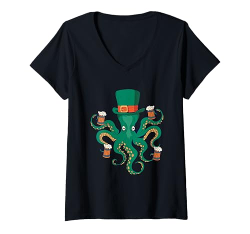 Womens Funny saint Patrick's day double fisting twice octopus Irish V-Neck T-Shirt
