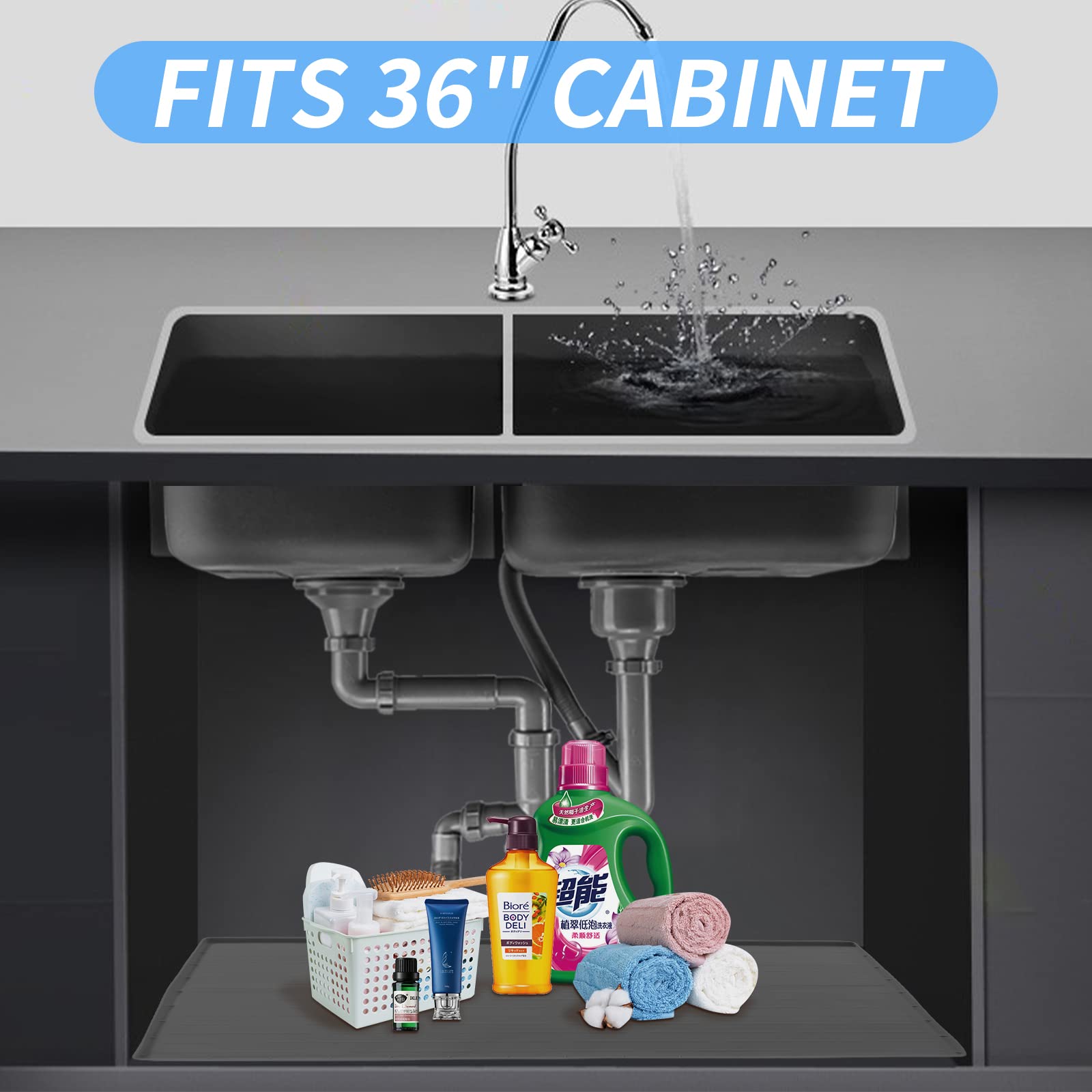 Under Sink Mat Waterproof, 34''x22'' Silicone Under Sink Liner, Durable Cabinet Protector Mats With Drain Hole, Kitchen Bathroom Under Sink Liner Drip Tray for Water Drips, Leaks, Spills (Grey)