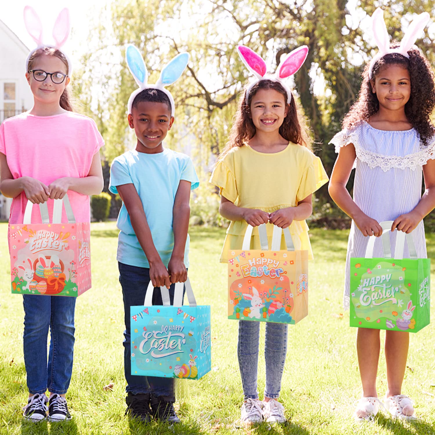 CCINEE 12Pcs Easter Gift Bags with Handle,Reusable Easter Tote Bags Non-Woven Bunny Treat Goodie Bag Easter Egg Hunt Bags for Easter Party Supply,7.9"×7.9"×5.9"