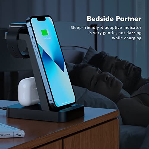 Charger Station for iPhone Multiple Devices - 3 in 1 Fast Wireless Charging Dock Stand for Apple Watch Series 7 6 SE 5 4 3 2 & Airpods iPhone 14 13 12 11 Pro X Max XS XR 8 7 Plus 6s 6 with Adapter